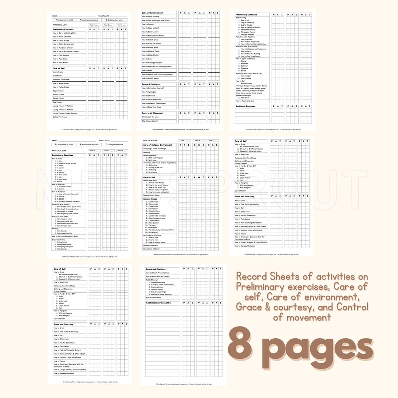 Primary Montessori Activities Monitoring Record Sheets Scope and ...