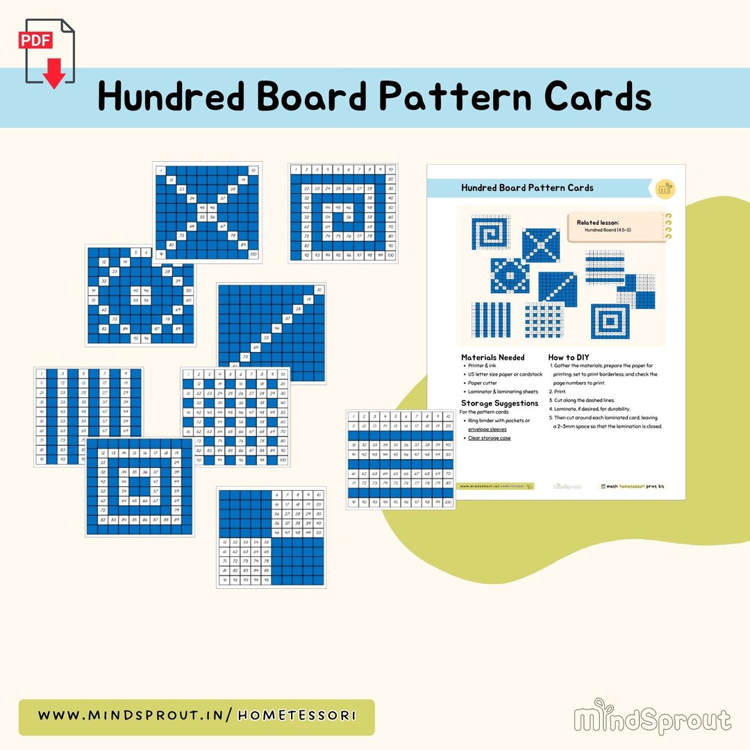 Hundred Board Pattern Cards Montessori Material Math Operations Hundred ...