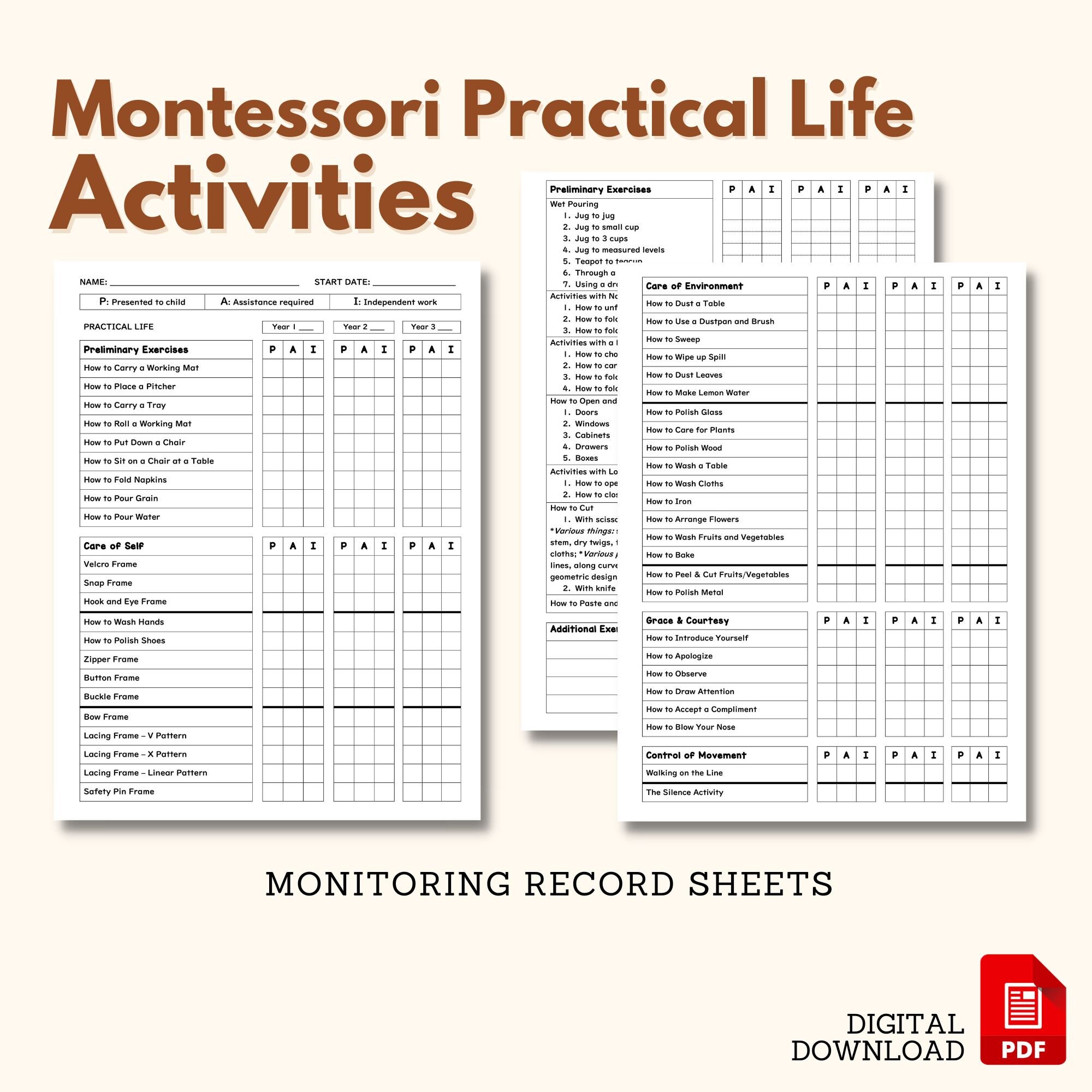 Primary Montessori Activities Monitoring Record Sheets Scope - Etsy