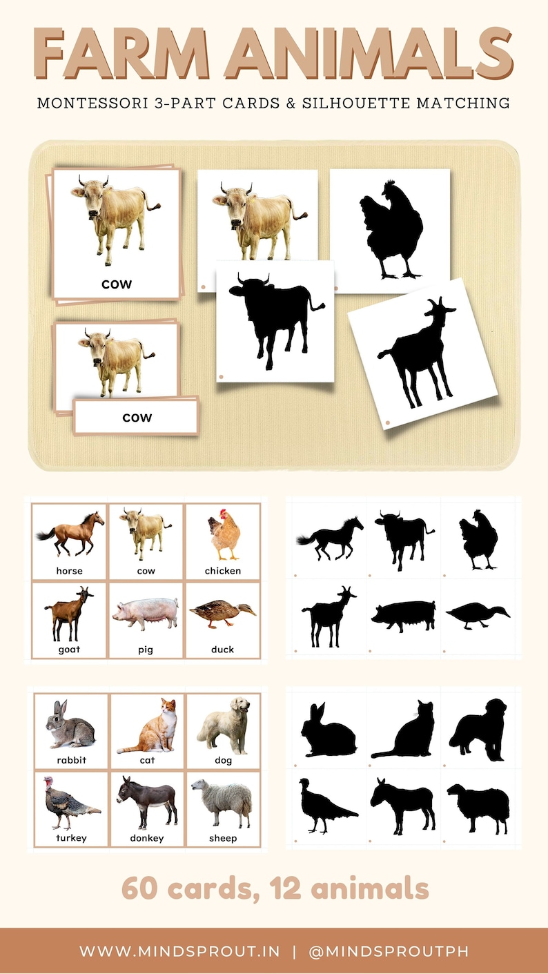 FARM ANIMALS 3 Part Card Montessori Nomenclature Card Shadow Matching ...