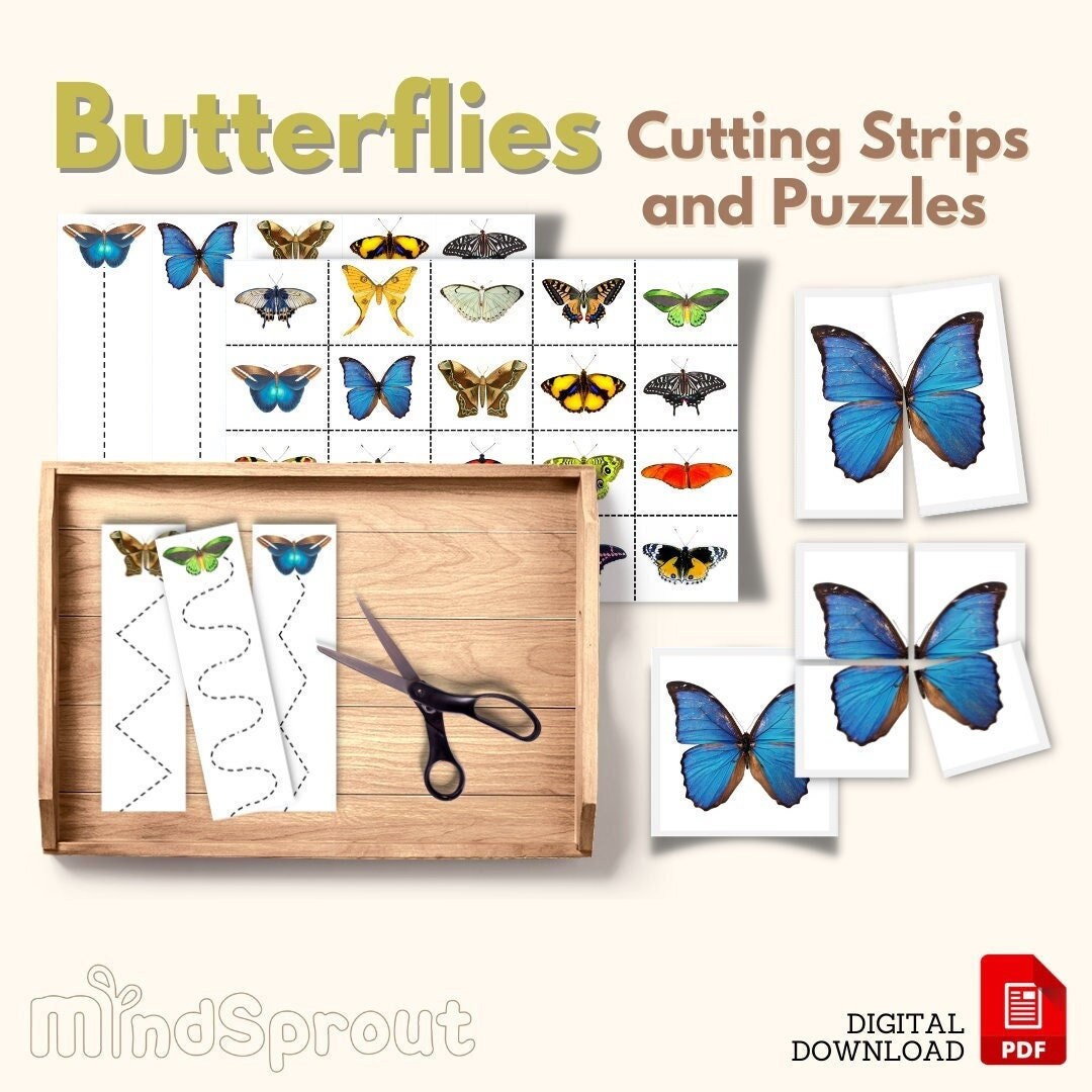 BUTTERFLY Cutting Strips & Symmetry Puzzles Match, Scissors Activity ...