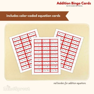 Addition Bingo Cards Addition Operations Equations Montessori Math ...