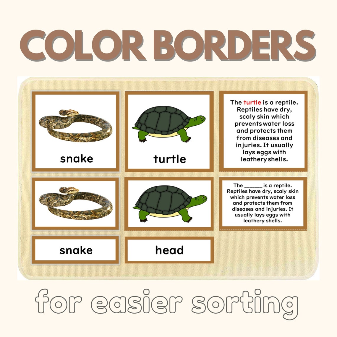 REPTILES Three Part Cards Montessori Nomenclature 3-part Classified ...