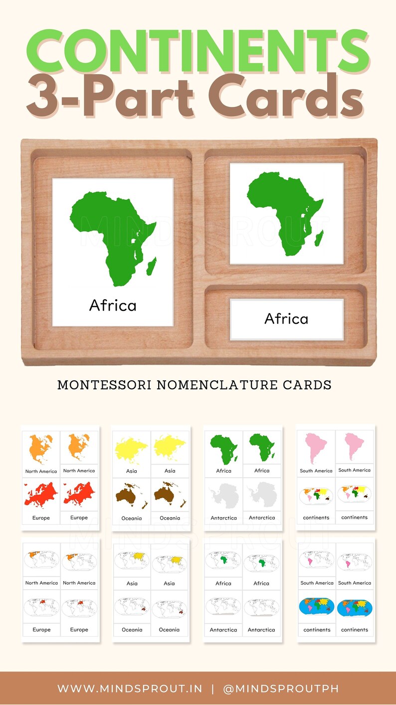 CONTINENTS Montessori Nomenclature 3-part Card Vocabulary Building ...