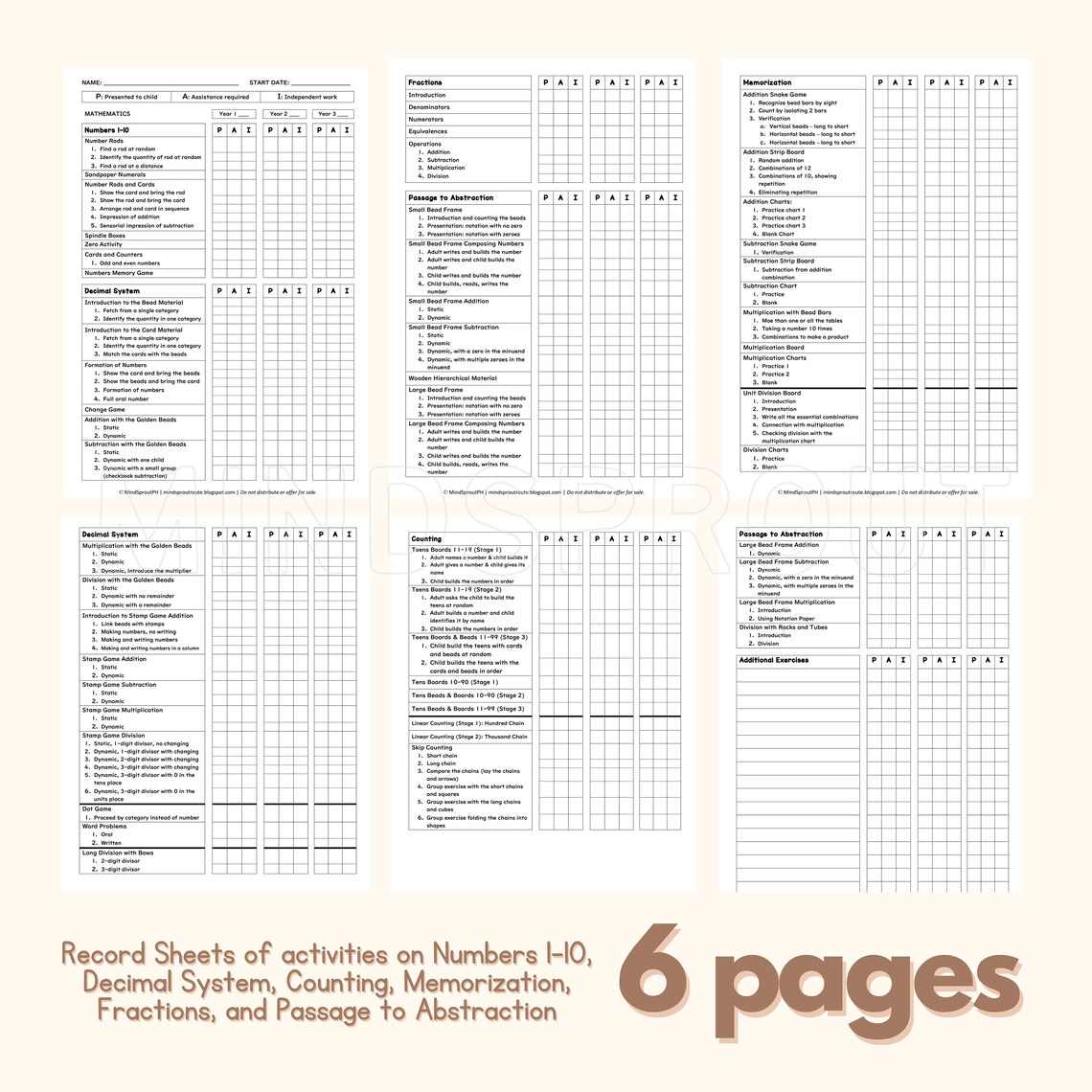 Montessori MATH Activities Monitoring Record Sheet Scope and Sequence ...