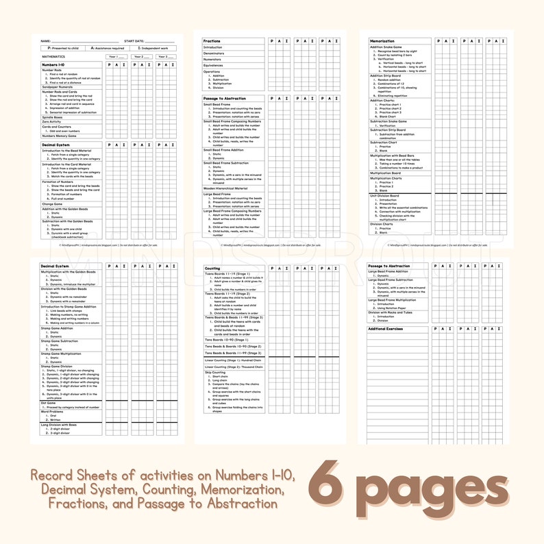 Montessori MATH Activities Monitoring Record Sheet Scope and Sequence ...