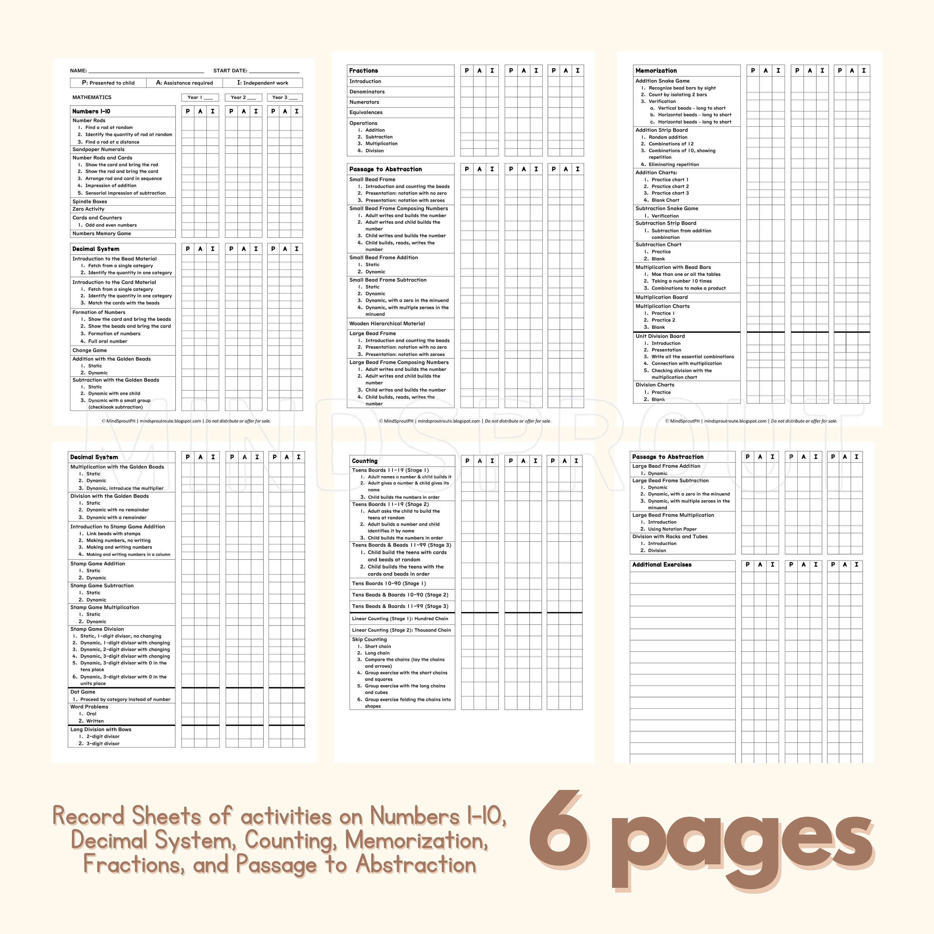 Montessori MATH Activities Monitoring Record Sheet Scope and Sequence ...