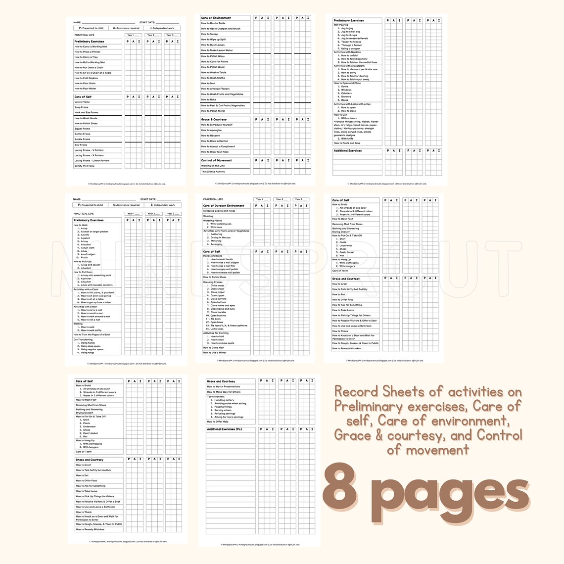 Montessori PRACTICAL LIFE Activities Monitoring Record Sheet Scope ...