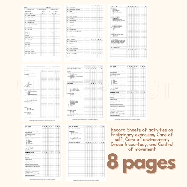 Montessori PRACTICAL LIFE Activities Monitoring Record Sheet Scope ...