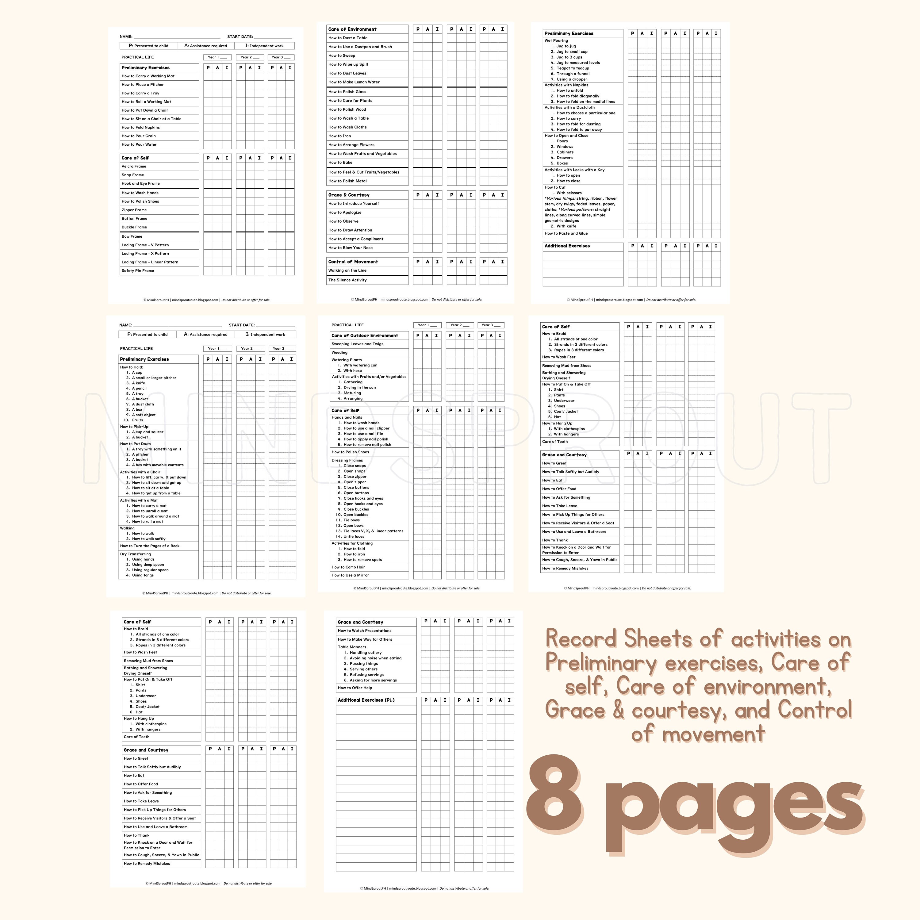Montessori PRACTICAL LIFE Activities Monitoring Record Sheet Scope ...
