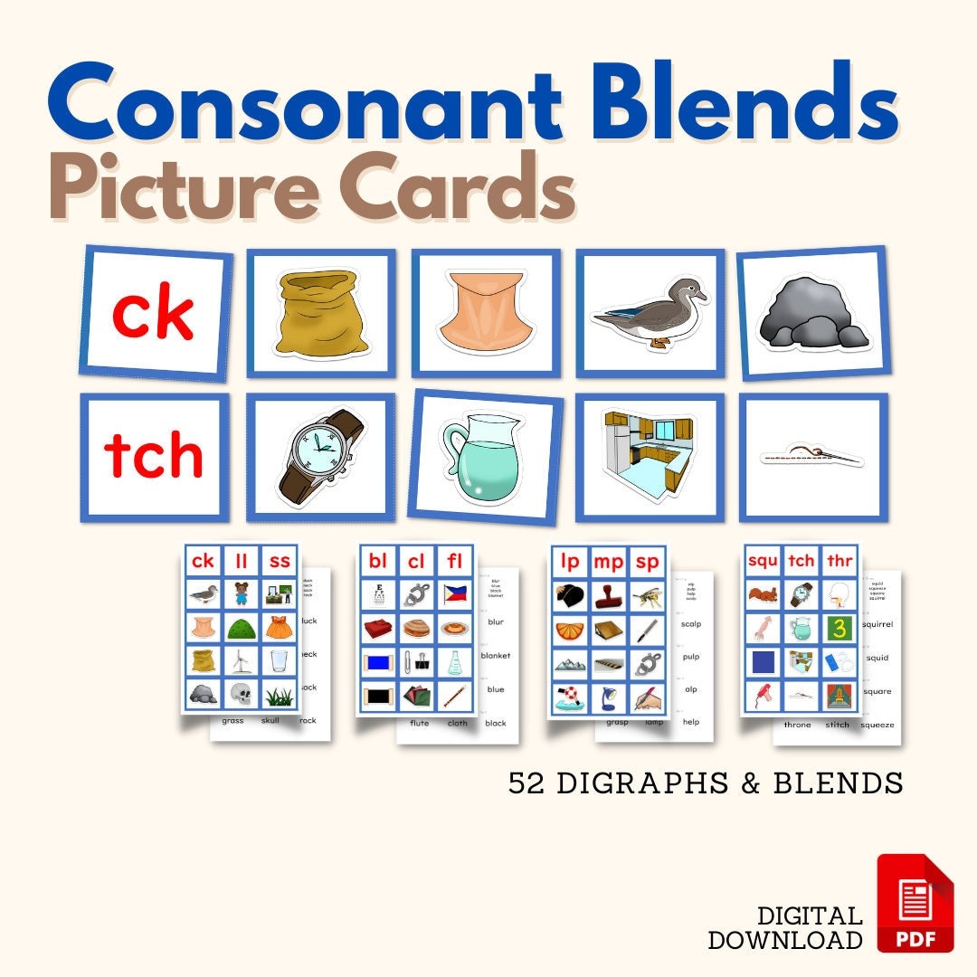 BLUE Series Montessori Language Digraphs Blends CCVC Word Picture Card ...