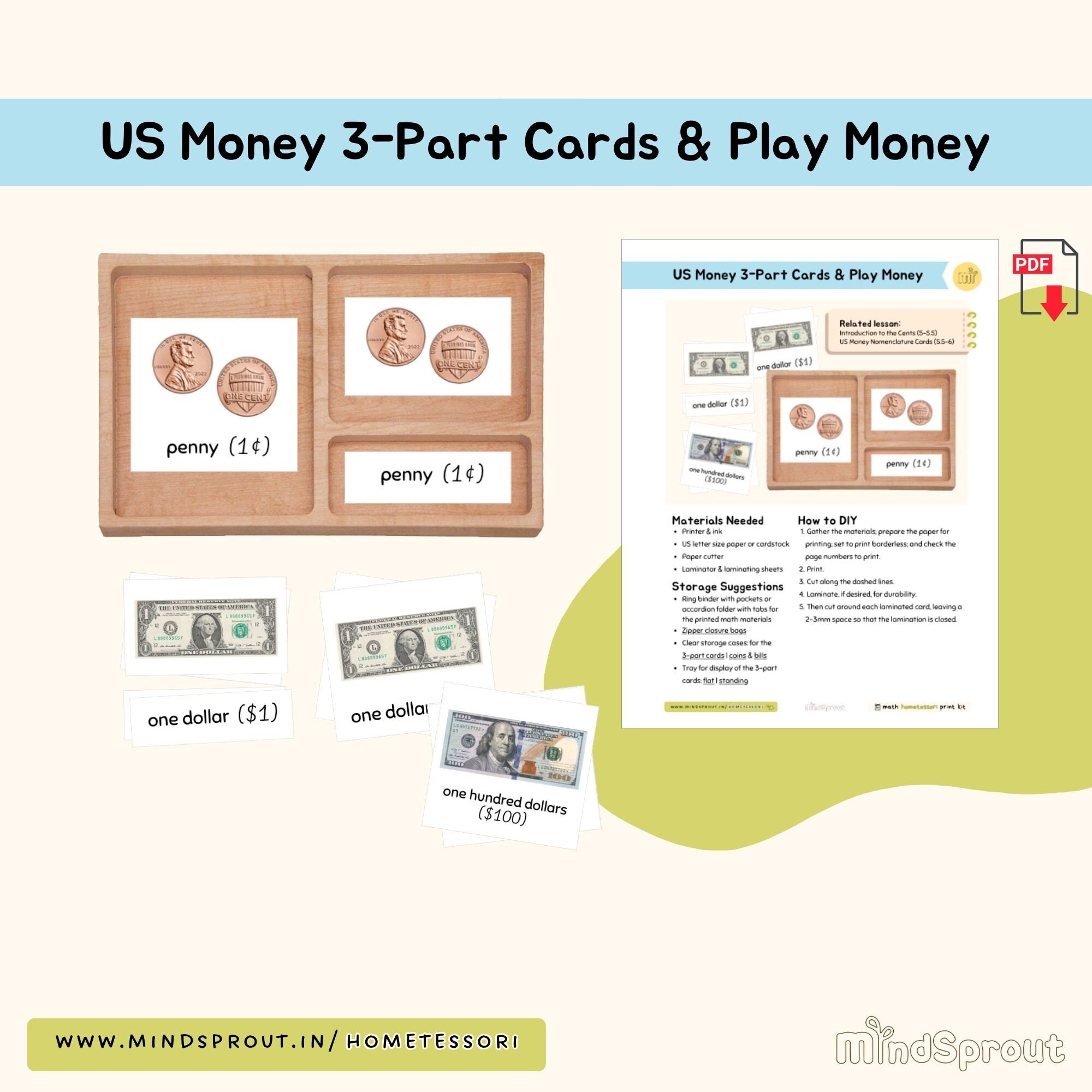 US Money 3-part Cards and Play Money Montessori Material Math Money ...