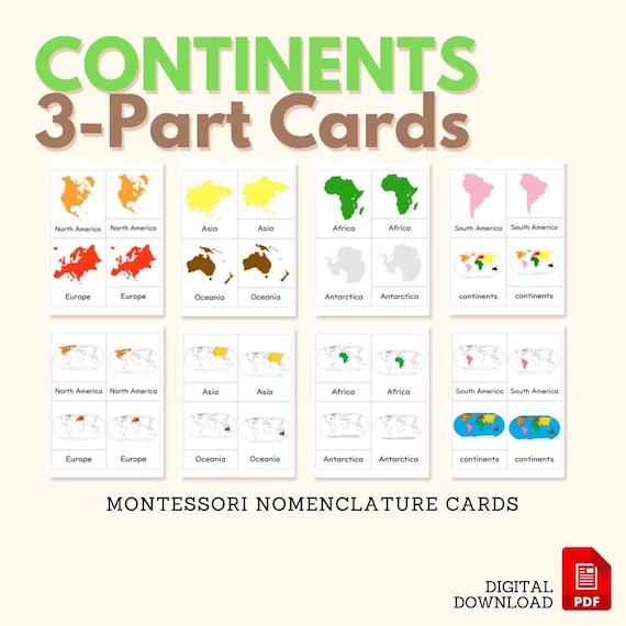 CONTINENTS Montessori Nomenclature 3-part Cards - Etsy