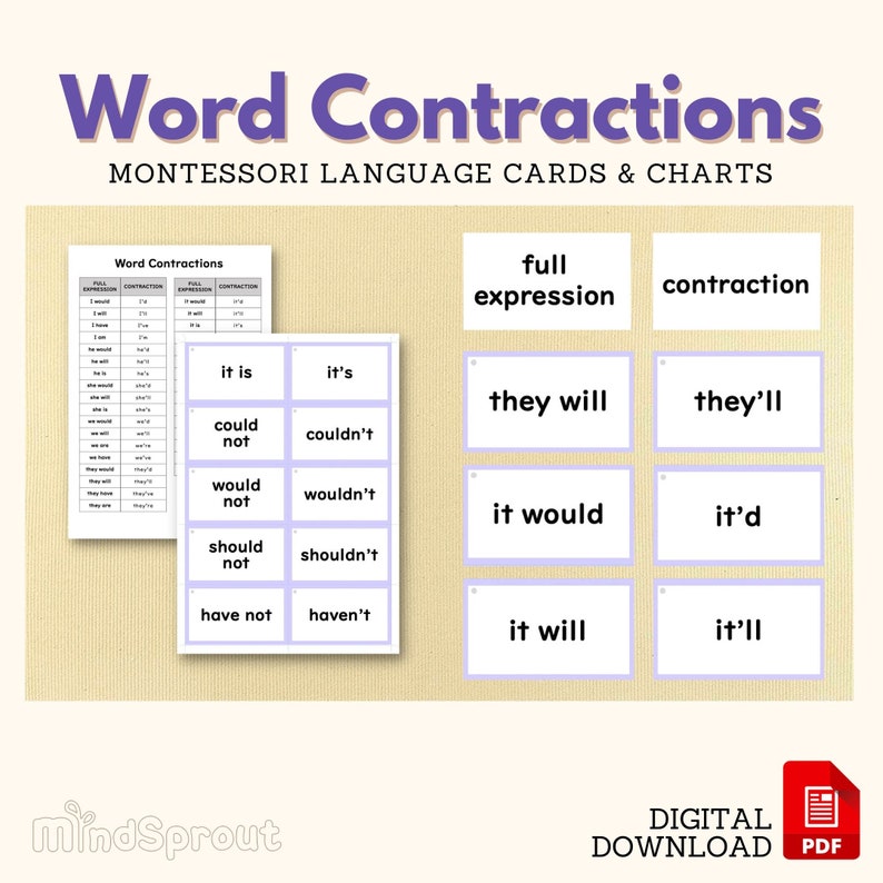 Word Contractions Montessori Language Learning Activity Materials ...