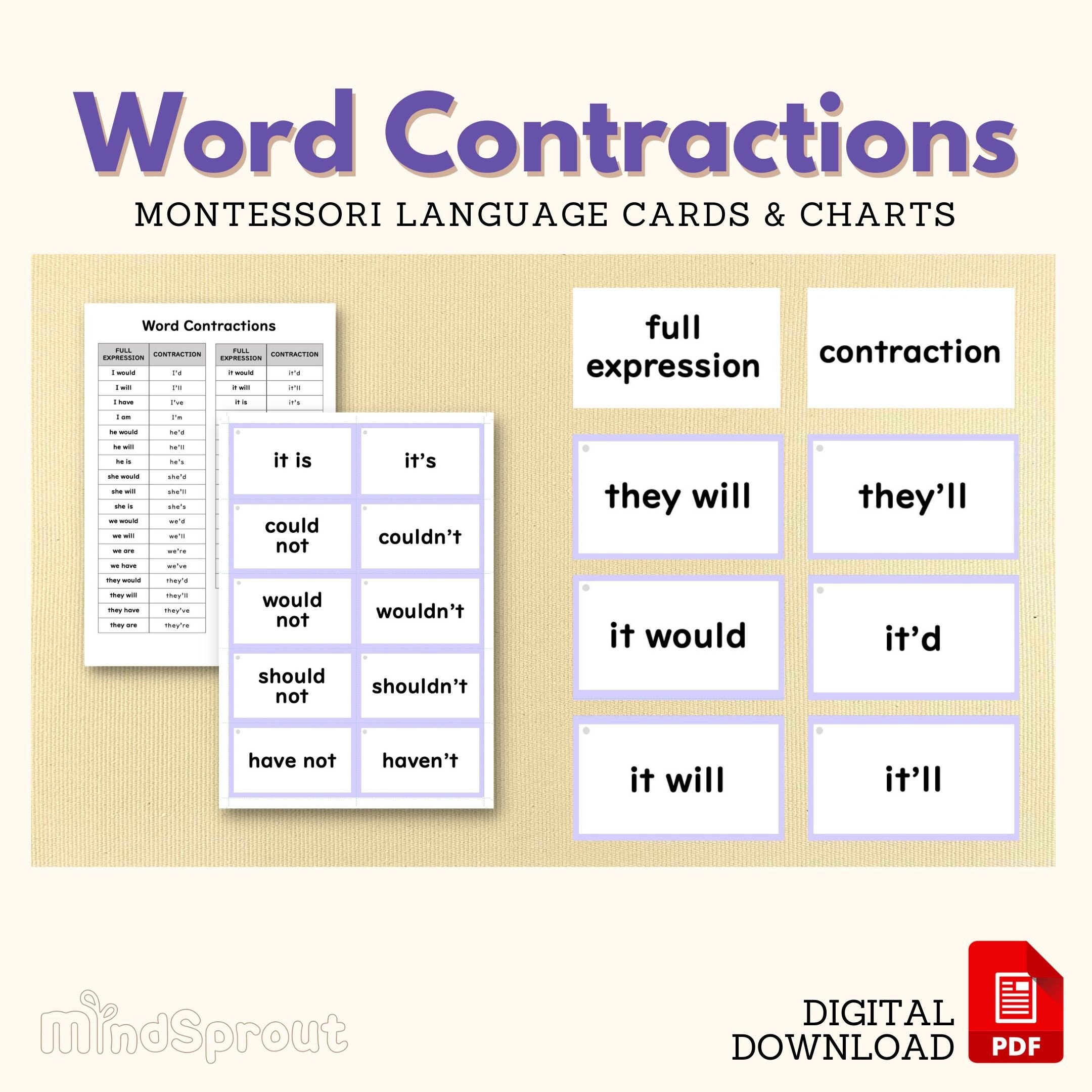 Word Contractions Montessori Language Learning Activity Materials ...