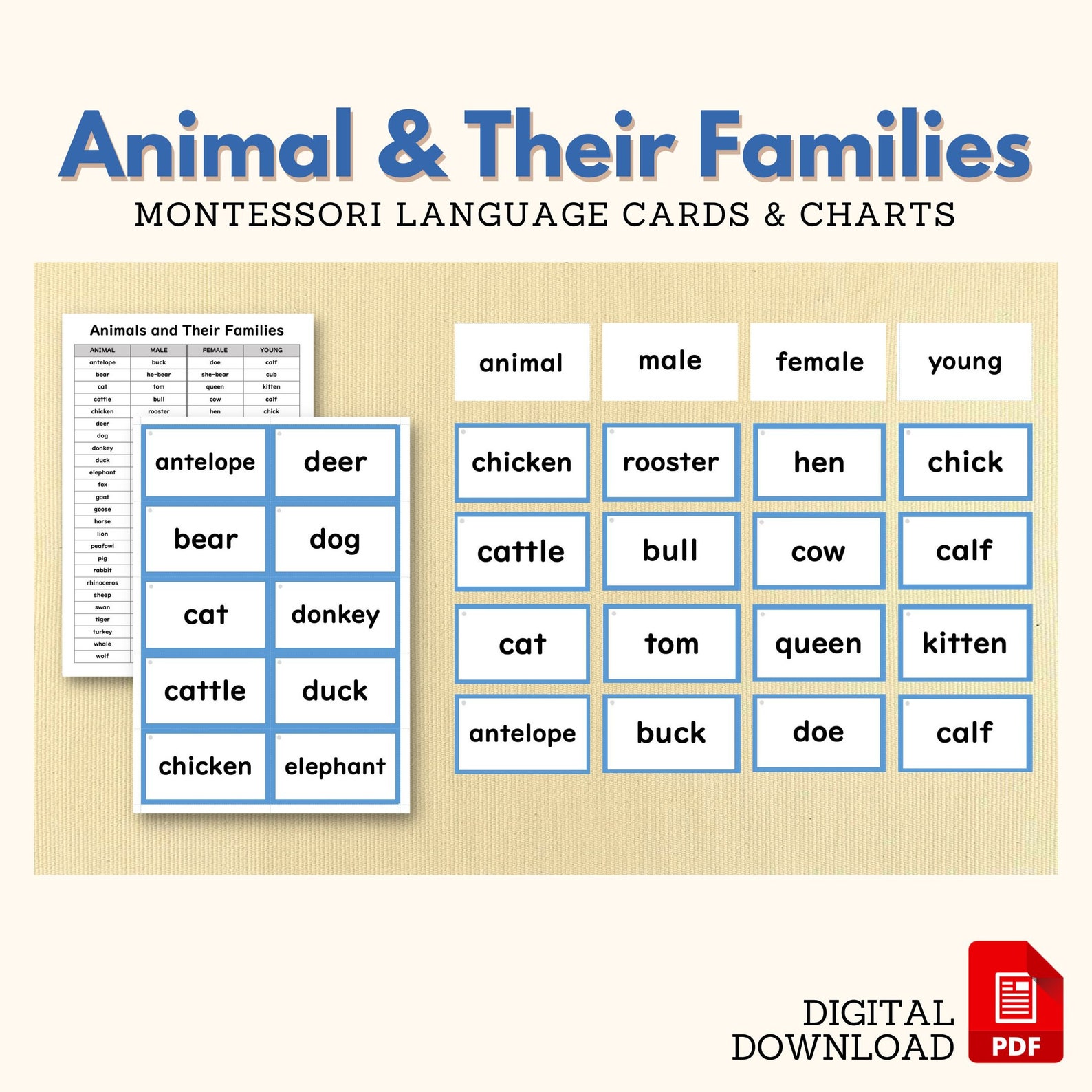 Animal Vocabulary Cards Charts Montessori Language Material BUNDLE ...