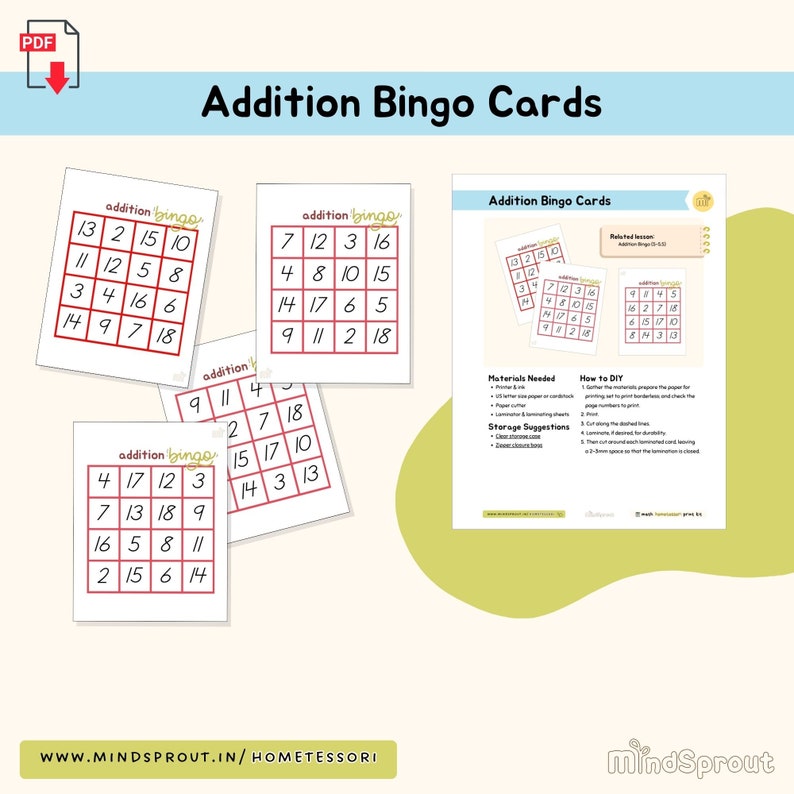 Addition Bingo Cards Addition Operations Equations Montessori Math ...