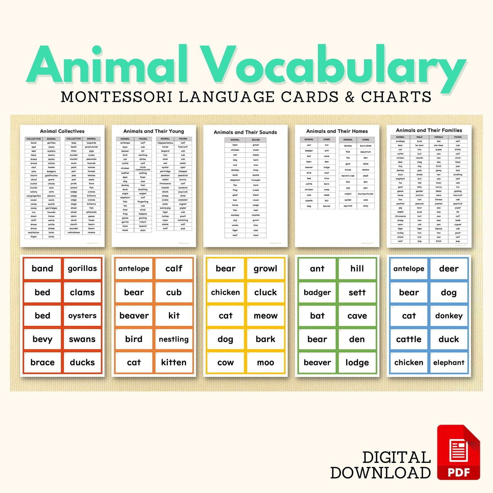 Animal Vocabulary Cards Charts Montessori Language Material - Etsy