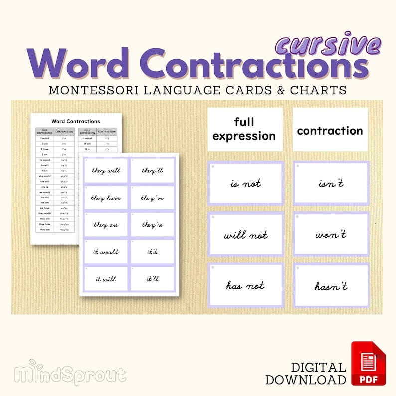 Word Contractions CURSIVE Montessori Language Activity Material Grammar ...