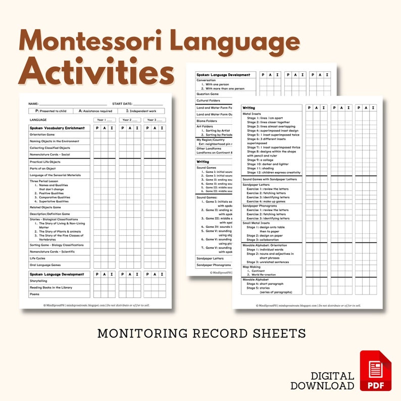 Primary Montessori Activities Monitoring Record Sheets Scope and ...