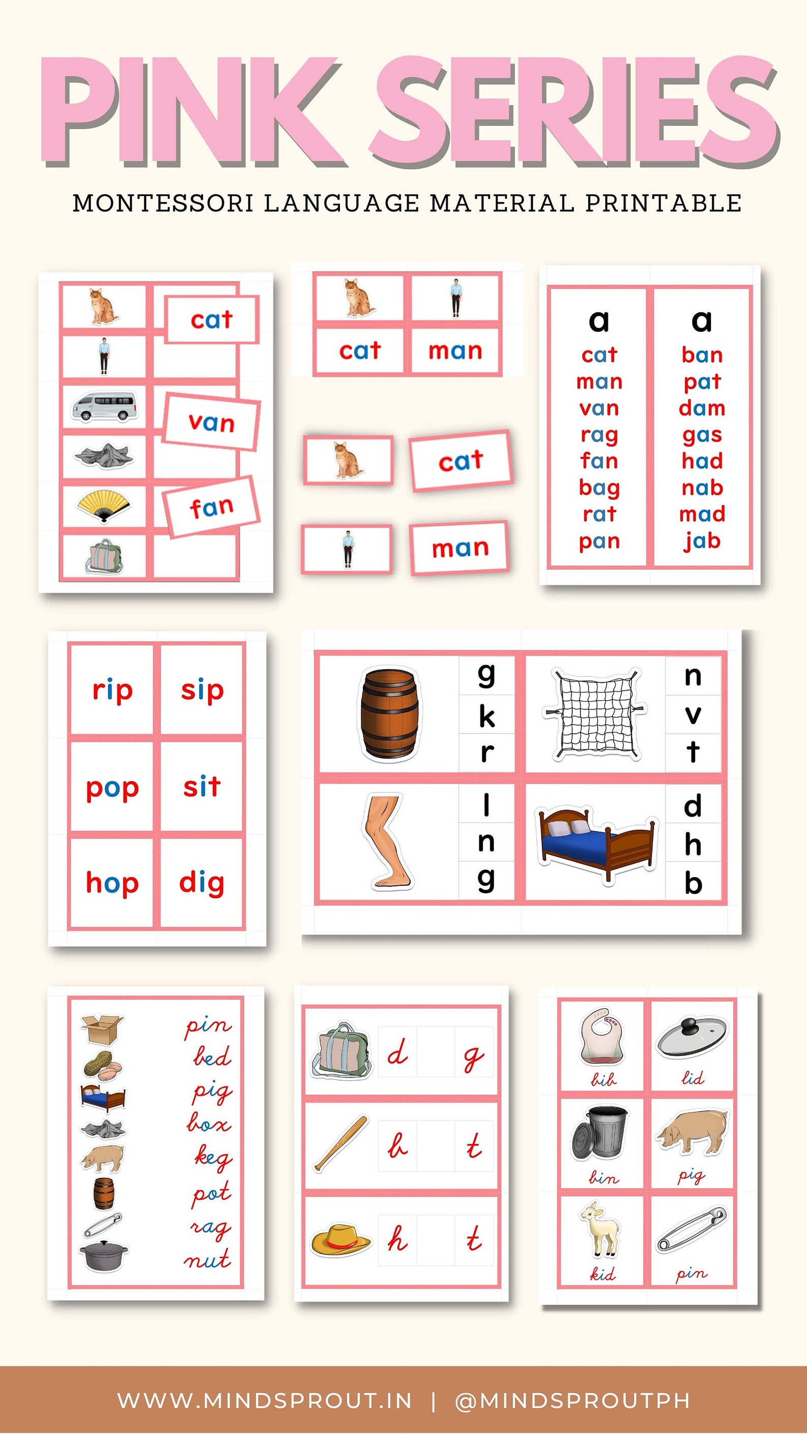 Pink Language Series PBG Montessori Language Reading System CVC Words ...
