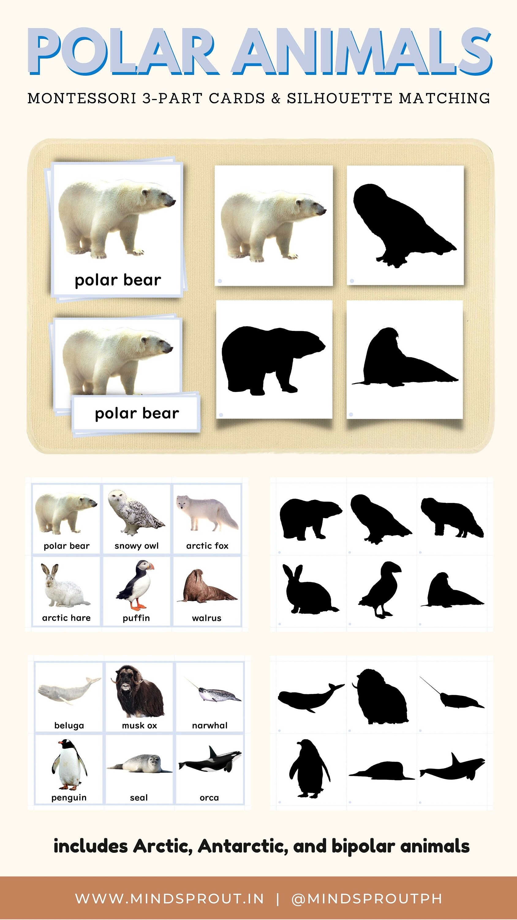 POLAR ANIMALS Montessori Nomenclature 3 Part Cards Shadow Matching Card ...