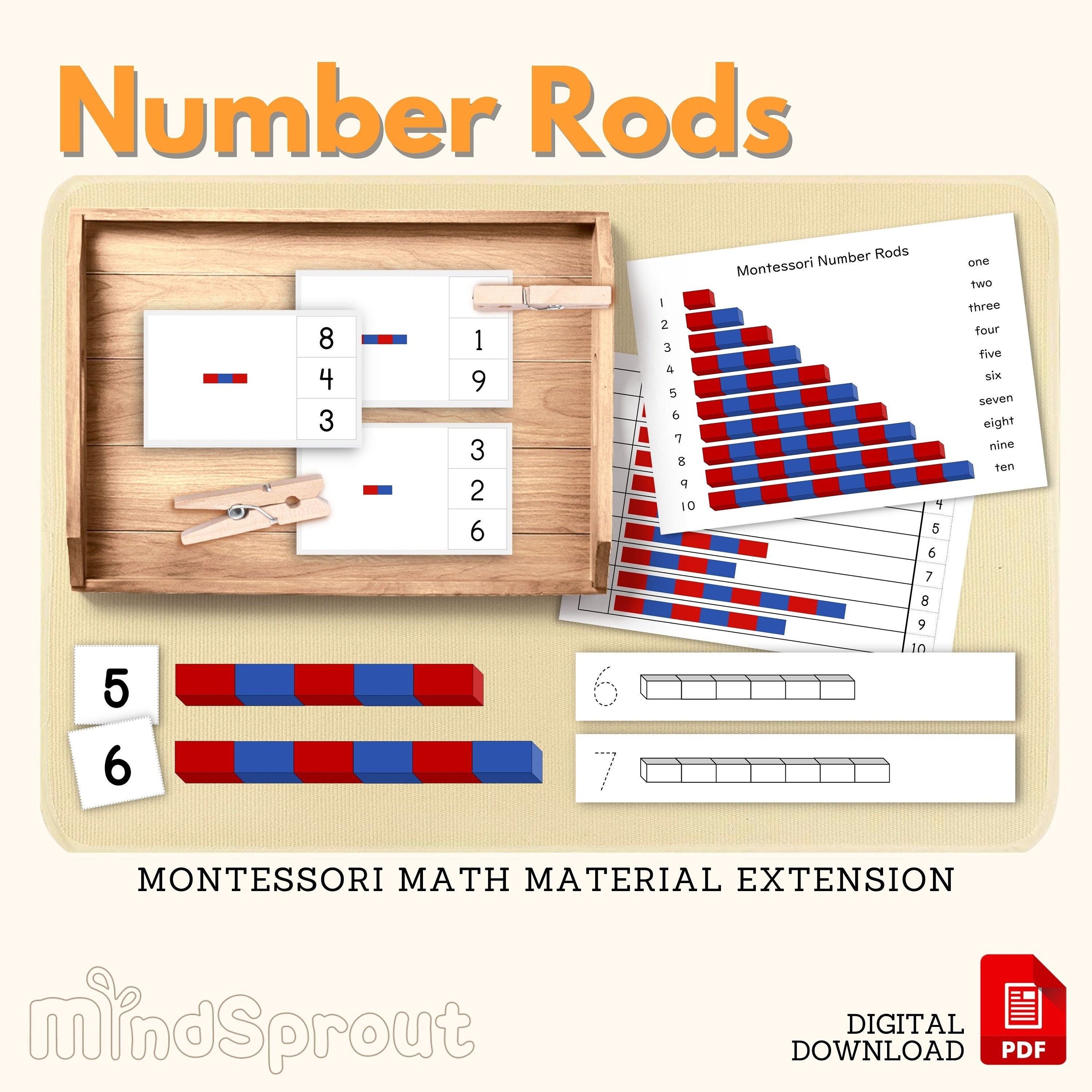 Number Rods Montessori Math Material Extension Activity Matching Cards ...