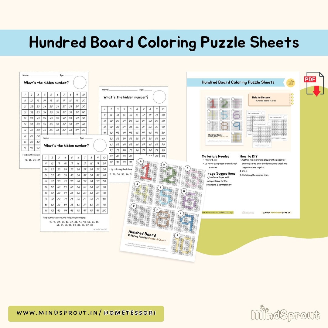 Hundred Board Coloring Puzzle Sheets Montessori Material Math Hundred ...