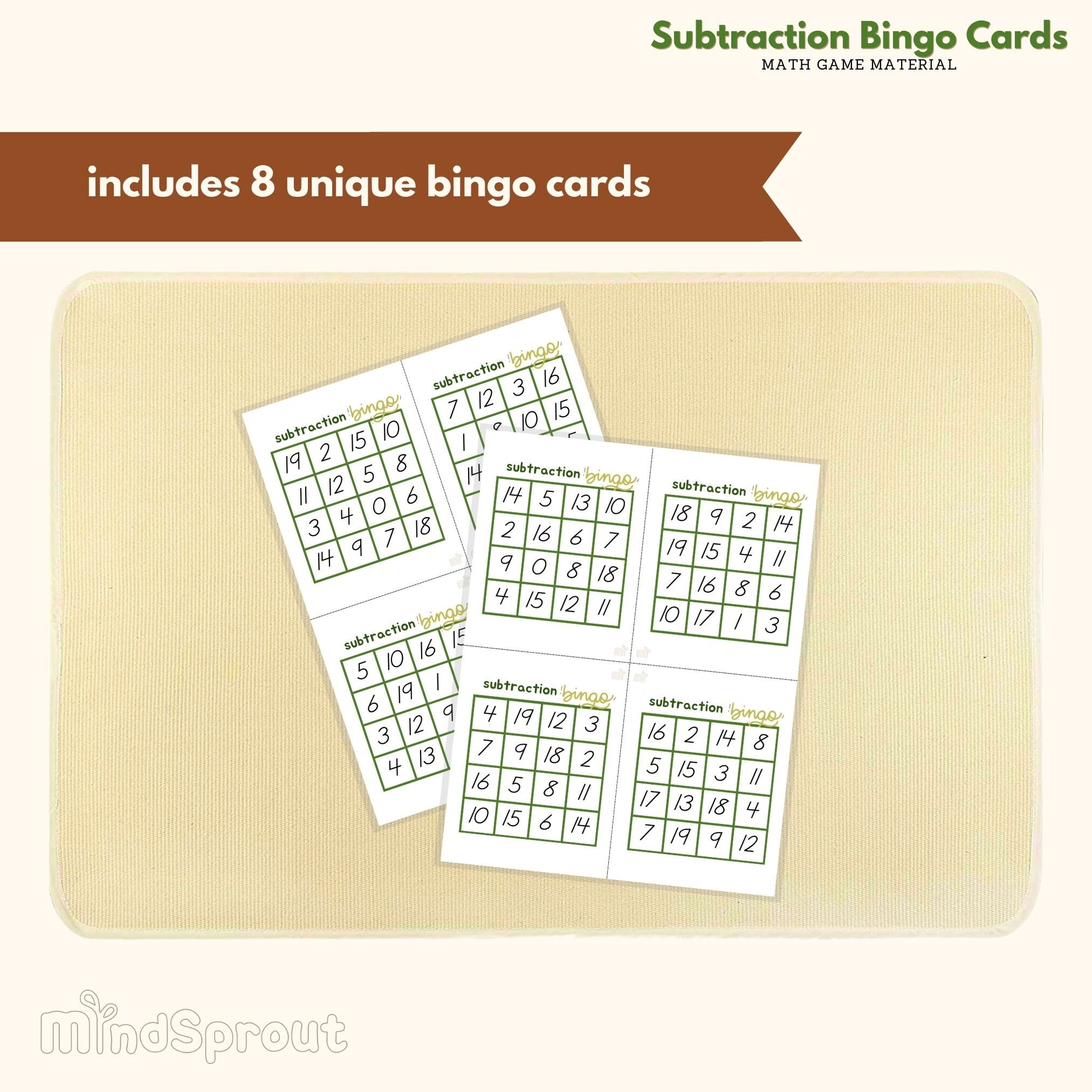 Subtraction Bingo Cards Subtraction Operations Equations Montessori ...