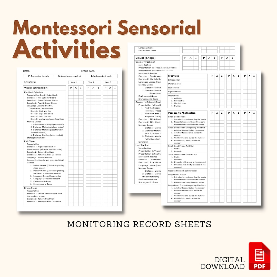 Montessori SENSORIAL Activities Monitoring Record Sheet Scope and ...