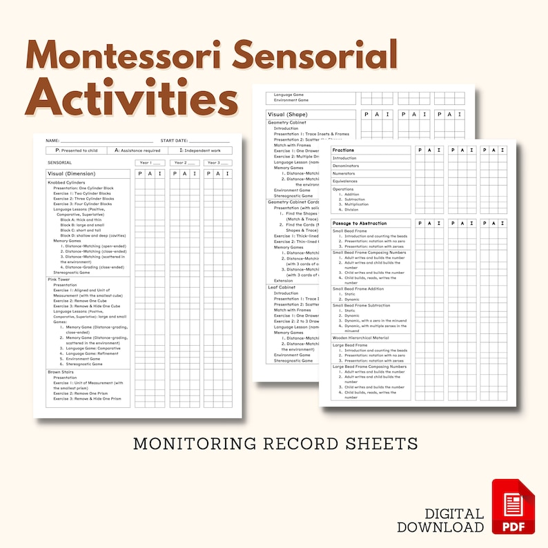 Montessori SENSORIAL Activities Monitoring Record Sheet Scope and ...