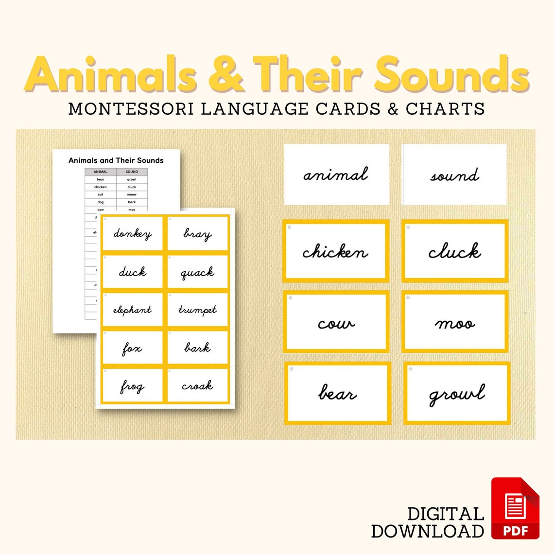 Animal Vocabulary Cards Charts CURSIVE Montessori Language Material ...