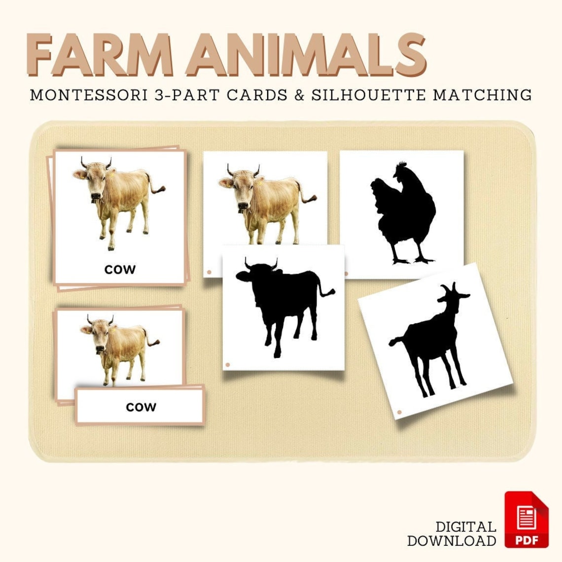FARM ANIMALS 3 Part Card Montessori Nomenclature Card Shadow Matching ...