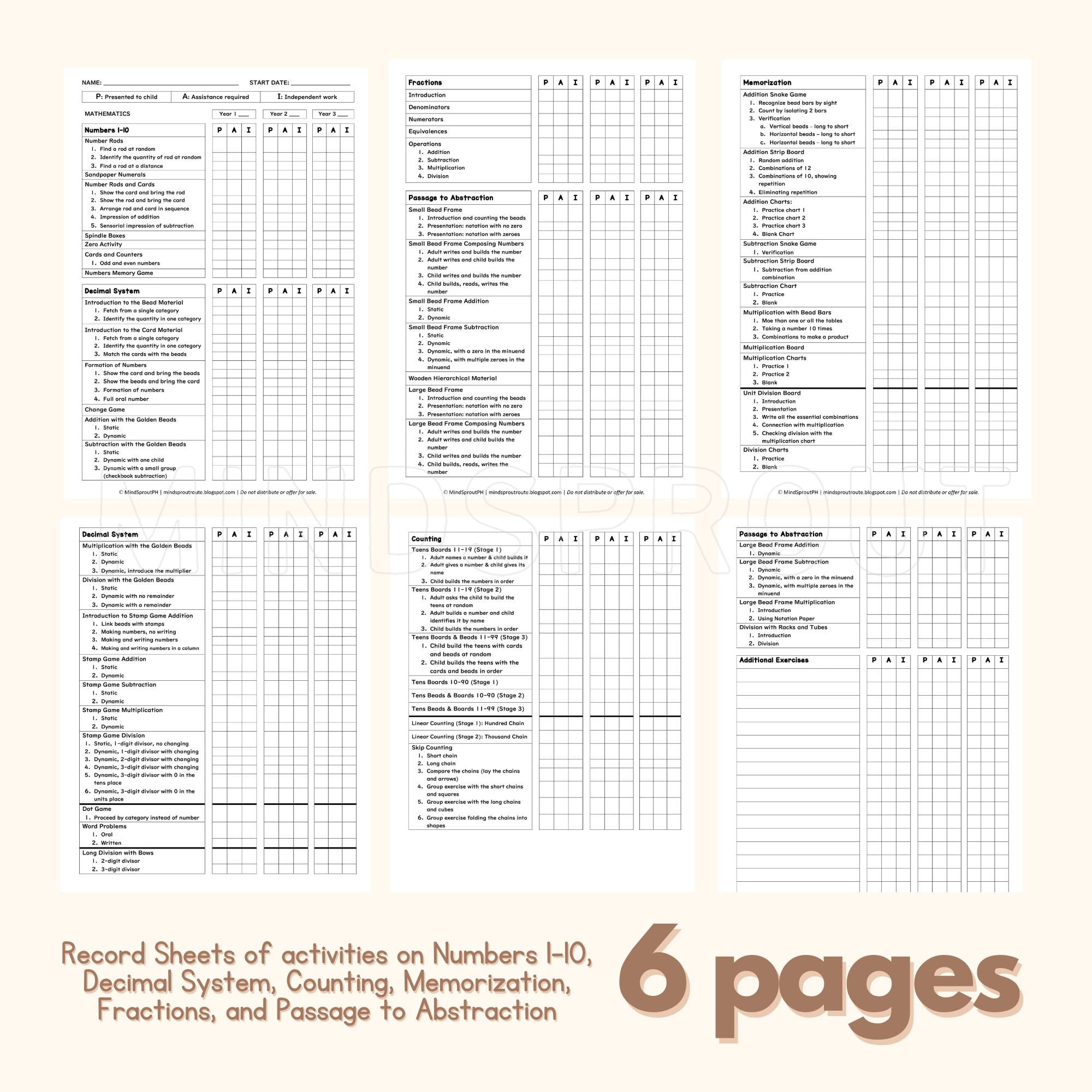 Primary Montessori Activities Monitoring Record Sheets Scope and ...