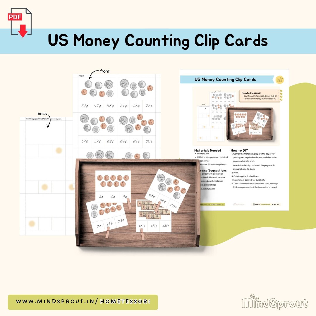 US Money Counting Clip Cards Montessori Material Math Money Extension ...