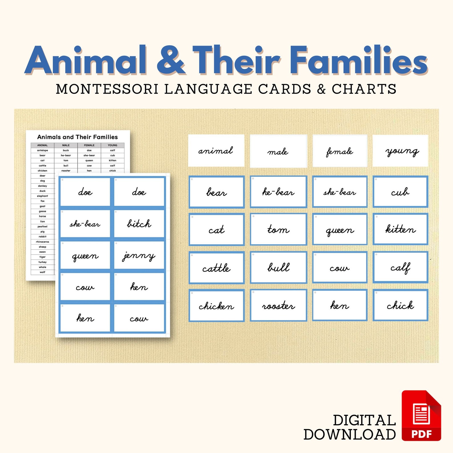 Animal Vocabulary Cards Charts CURSIVE Montessori Language Material ...