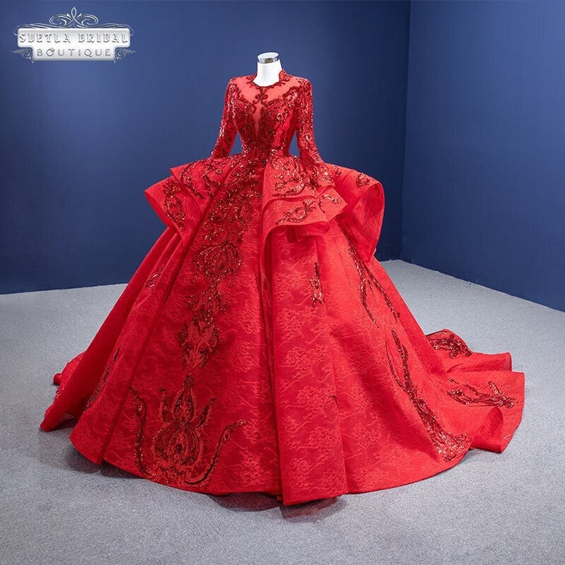 Red Wedding Dress Ballgown Dark Red Ball Gown Long Sleeves | Etsy