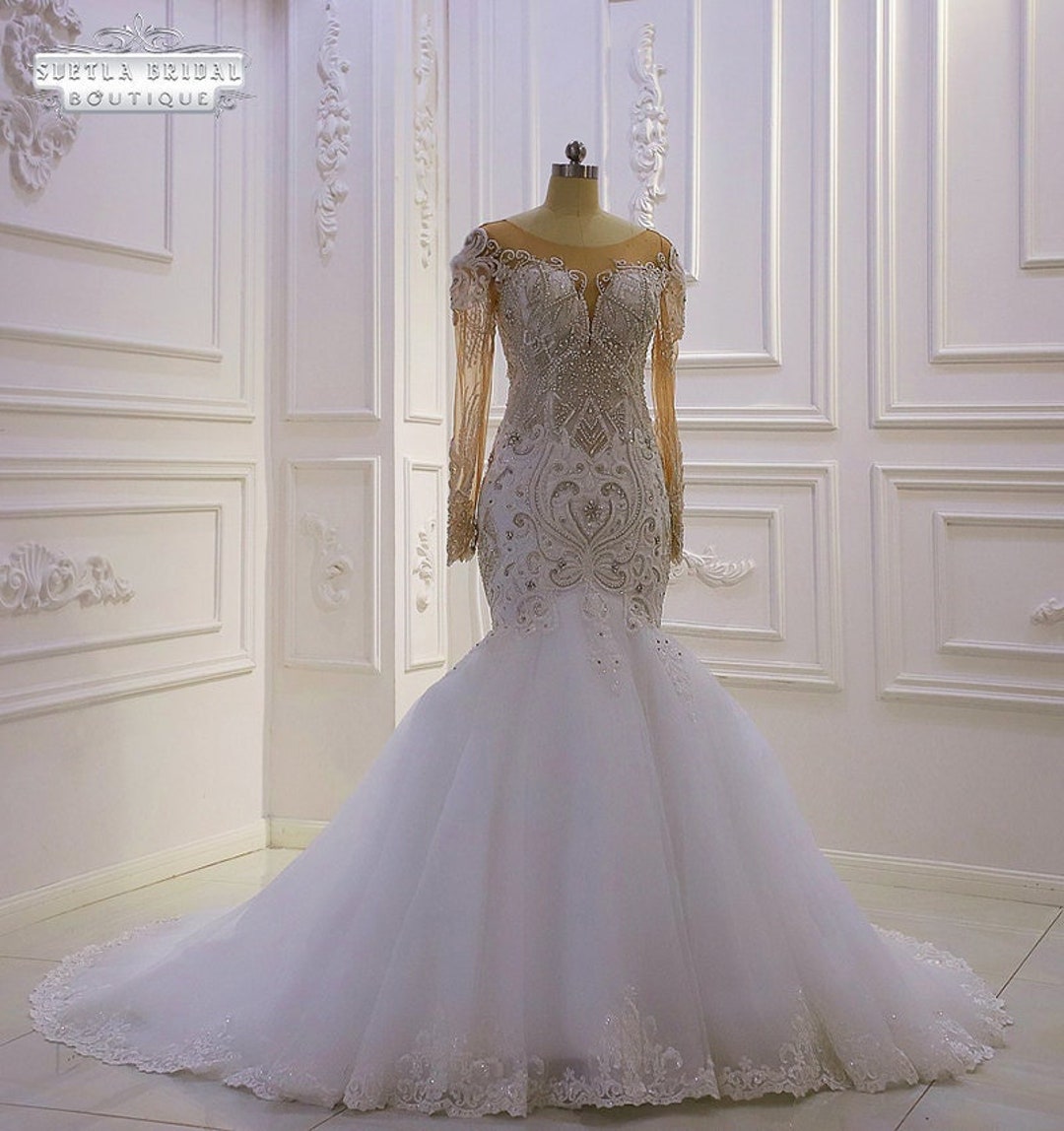 Bling Mermaid Wedding Dress Long Sleeve, Luxury Beaded Lace Mermaid ...