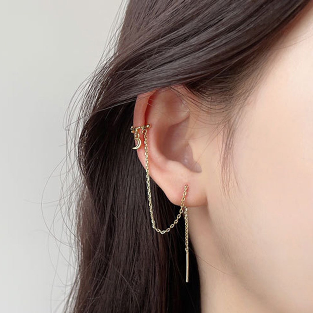 Moon and Star Ear Cuff, Ear Cuff Threader Earrings, Ear Cuff With Chain ...
