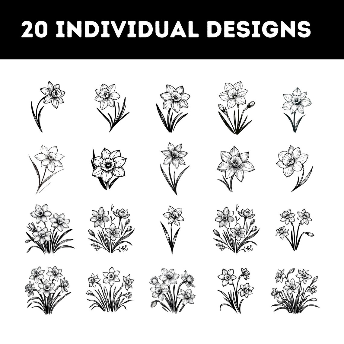Daffodil Flower Art Line SVG Files Bundle, Wedding Spring Flower SVG ...