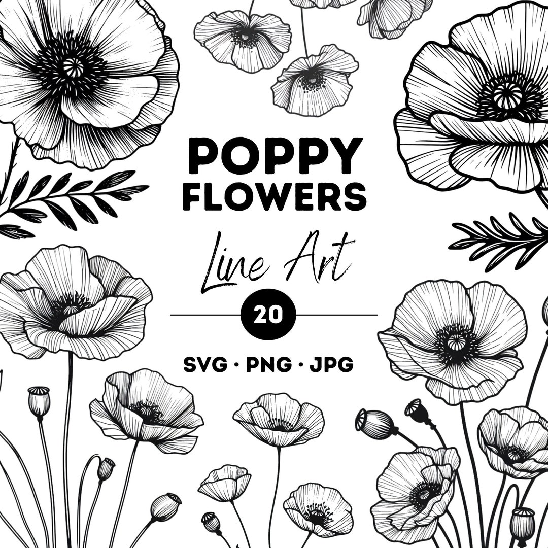 Poppy Flower Art Line SVG Files Bundle, Wedding Botanical SVG Set ...
