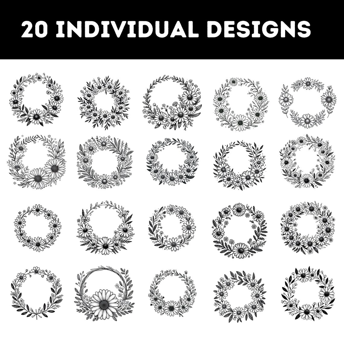 Daisy Flower Wreath SVG Files Bundle, Wedding Floral Wreath SVG Set ...