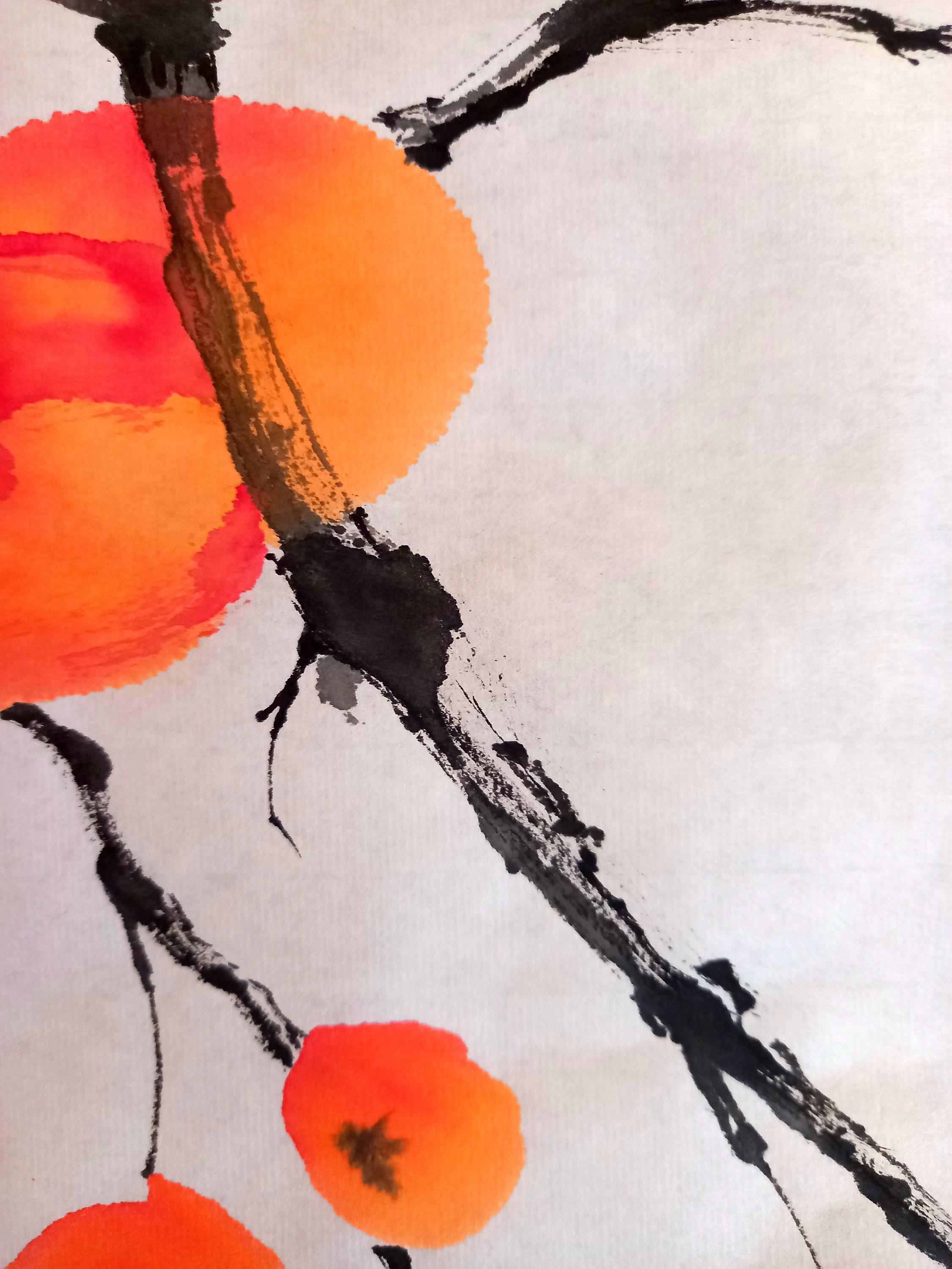 Set of Three Original Sumie Japanese Ink Paintings Orange Fruits Branch ...