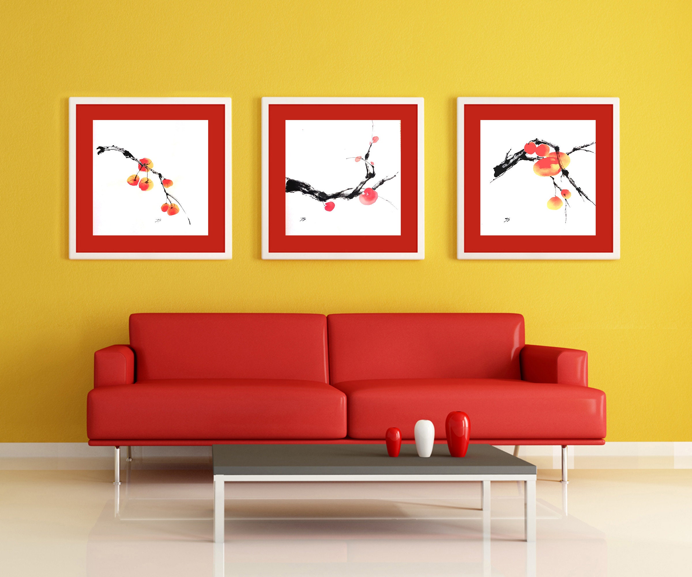 Set of Three Original Sumie Japanese Ink Paintings Orange Fruits Branch ...