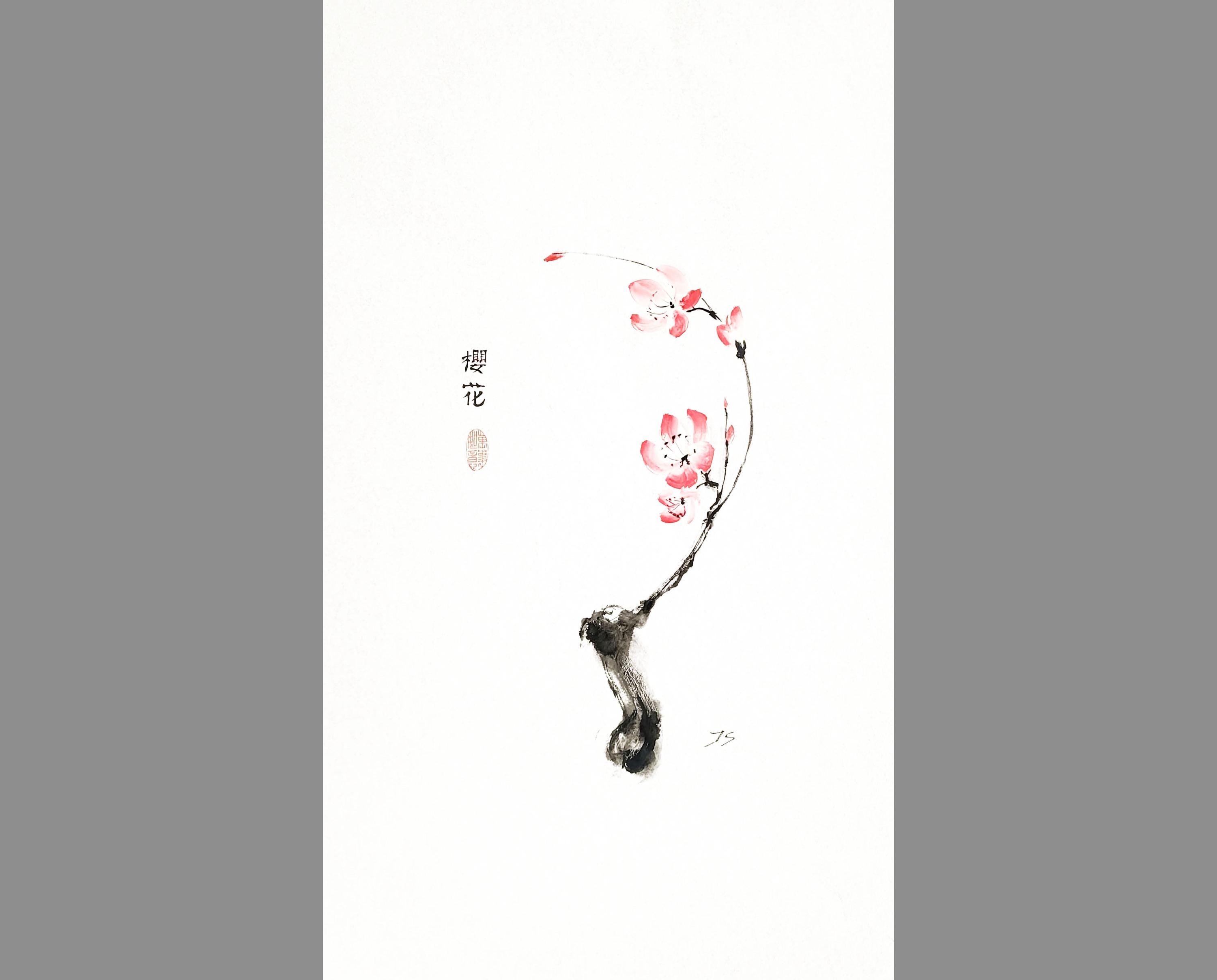 Sumie Chinese Sakura Cherry Blossoms Painting, Original Ink Artwork ...