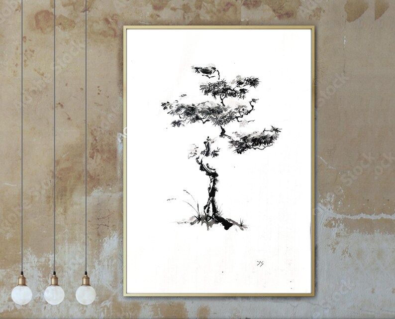Pine Tree Original Japanese Ink Painting Sumie Black White Landscape ...