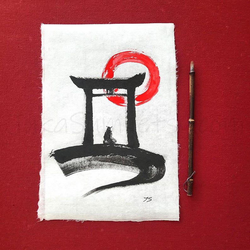 Original Sumi-e Ink Painting – Path to Temple, Zen Art on Mulberry ...
