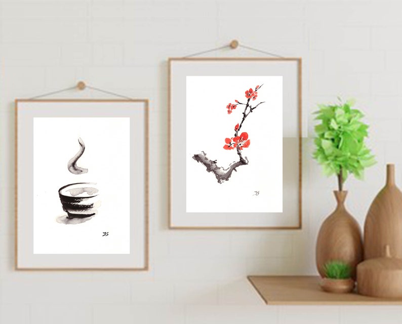 Original Japanese Ink Painting Sumie Small Artwork Sakura Cherry ...