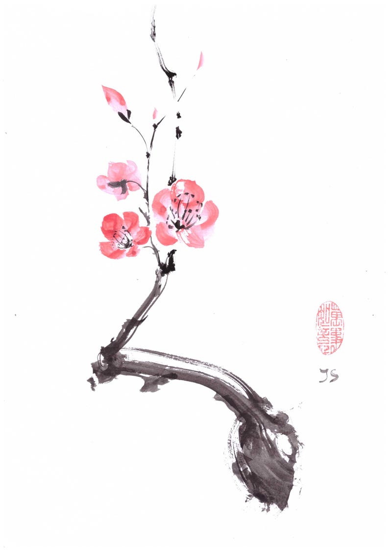 Original Japanese Ink Painting Sumie Small Artwork Sakura Cherry ...