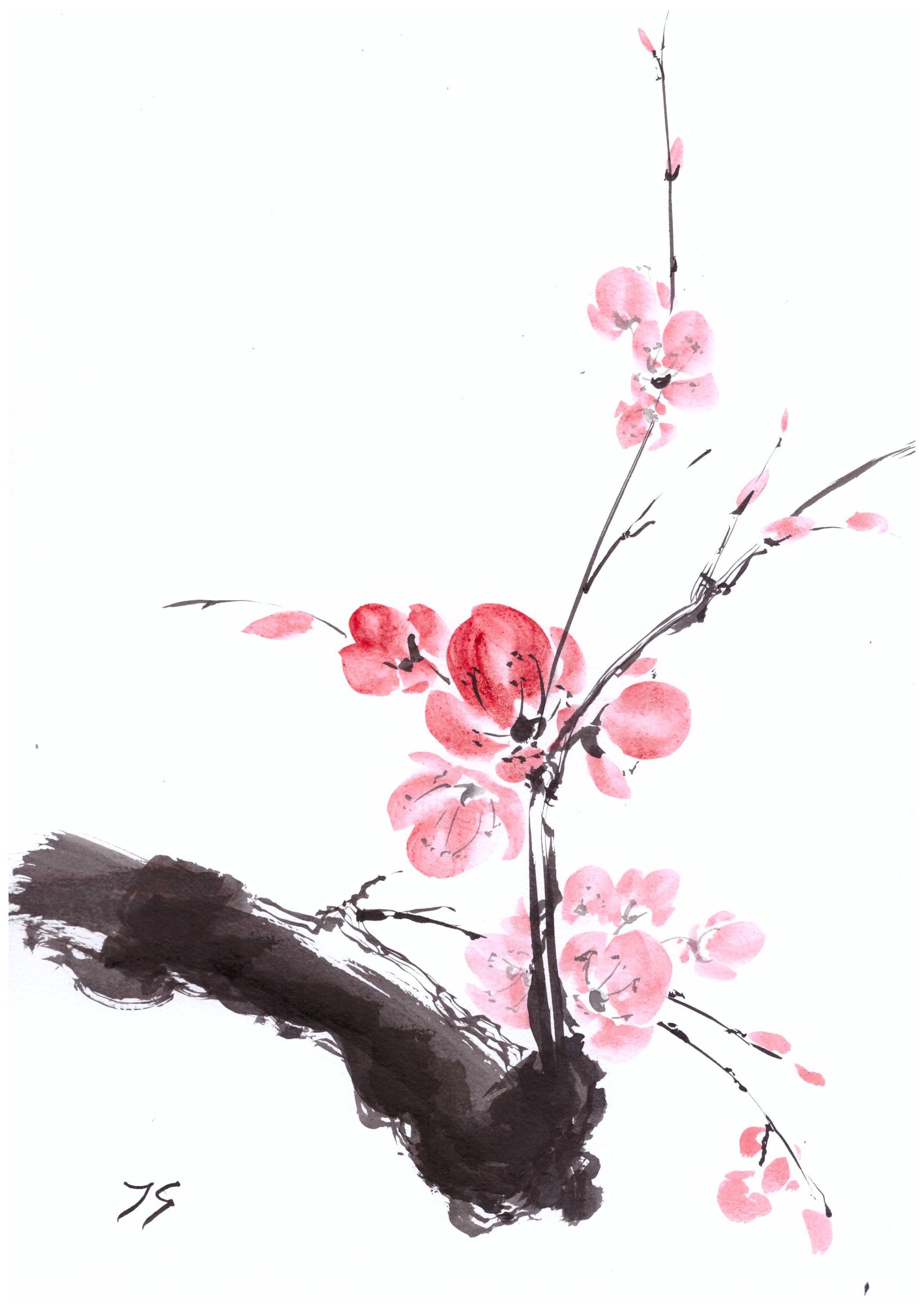 Original Japanese Ink Painting Sumie Small Artwork Sakura Cherry ...